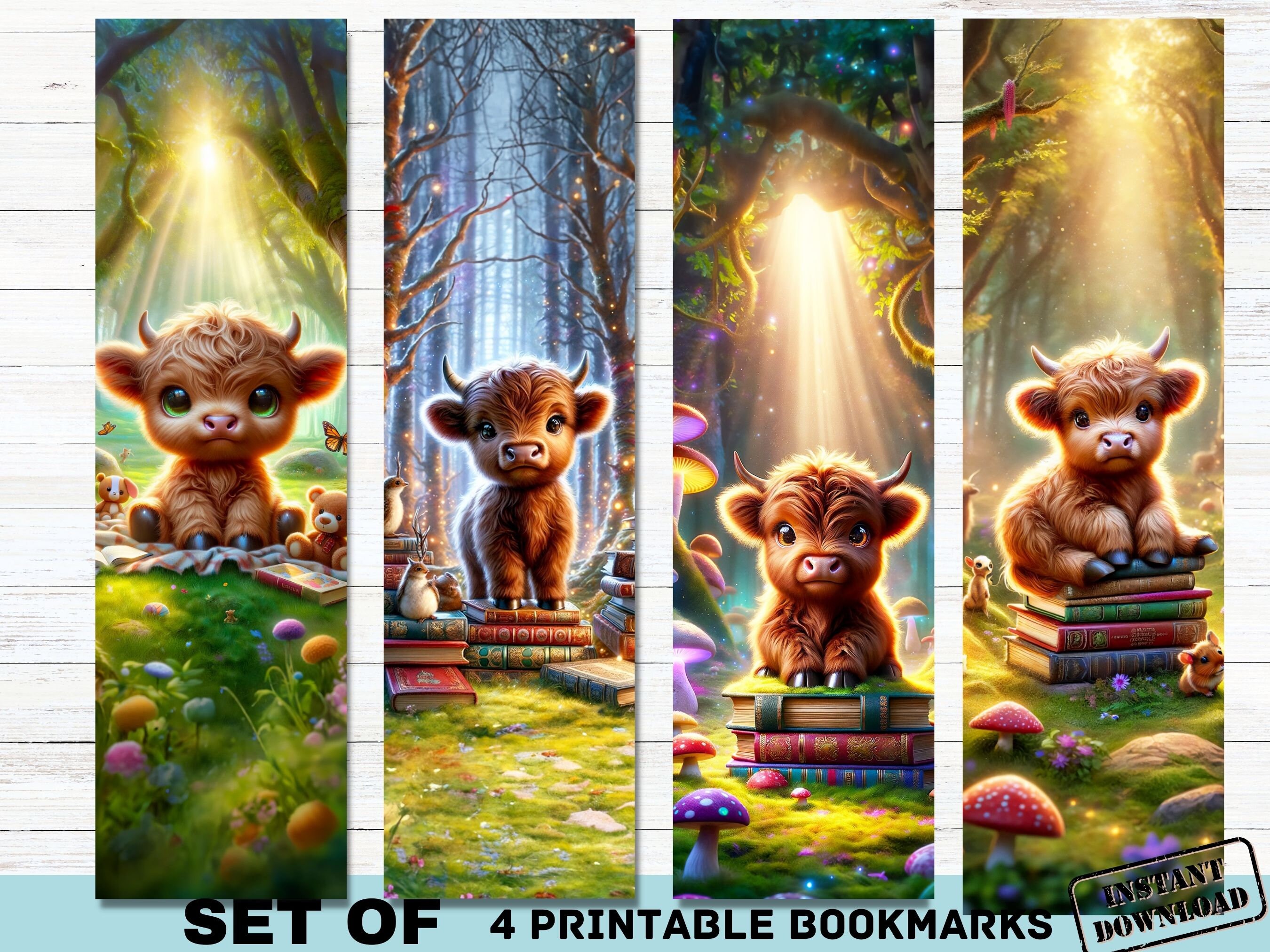 4 Cute Highland Cow Bookmarks Digital Printable Bookmarks Set of 4 PNG ...