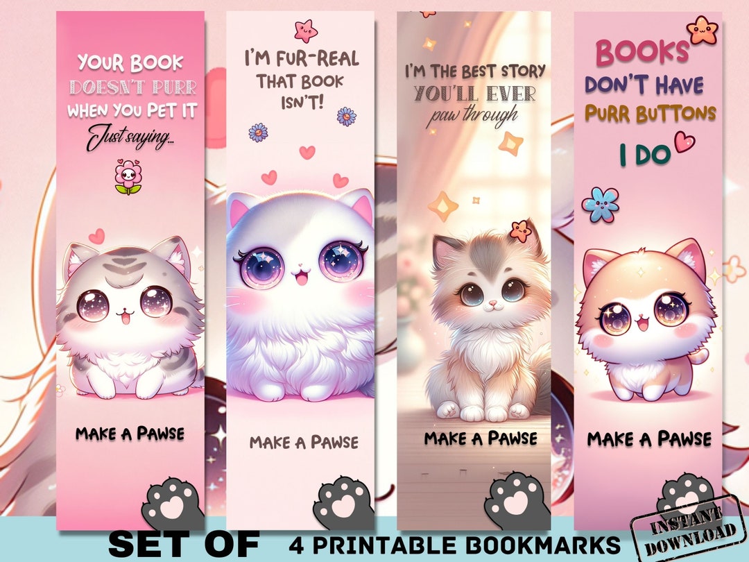 4 Cute & Funny Kawaii Cat Bookmarks Digital Printable Bookmarks Set of ...