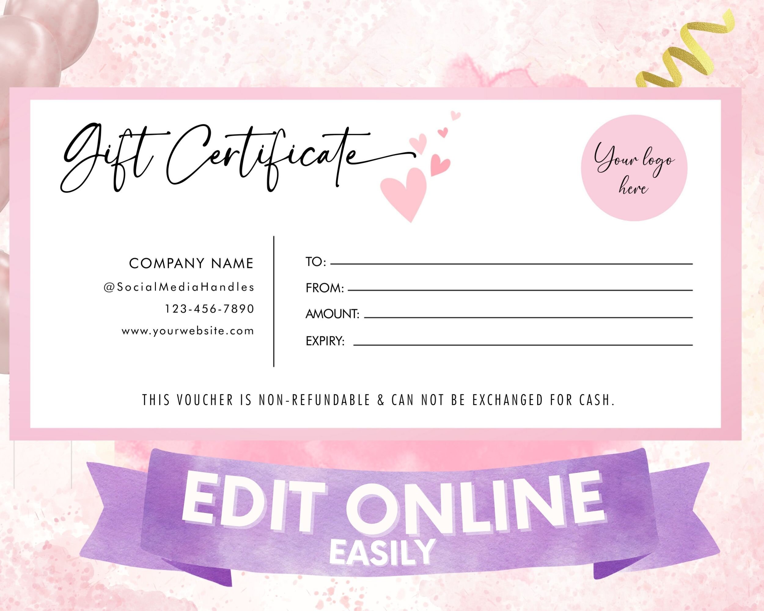 Editable Pink Gift Certificate Template Printable Gift Voucher ...