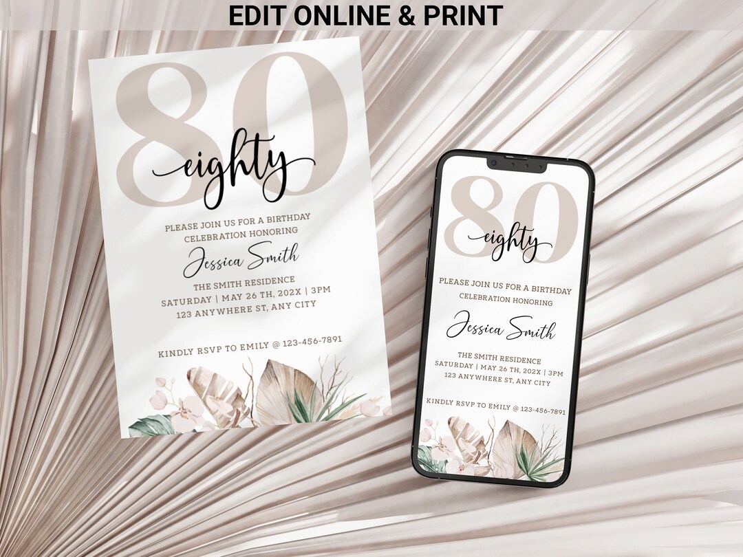 80th Birthday Invitation, 80th Invite Template, Digital 80th Birthday ...
