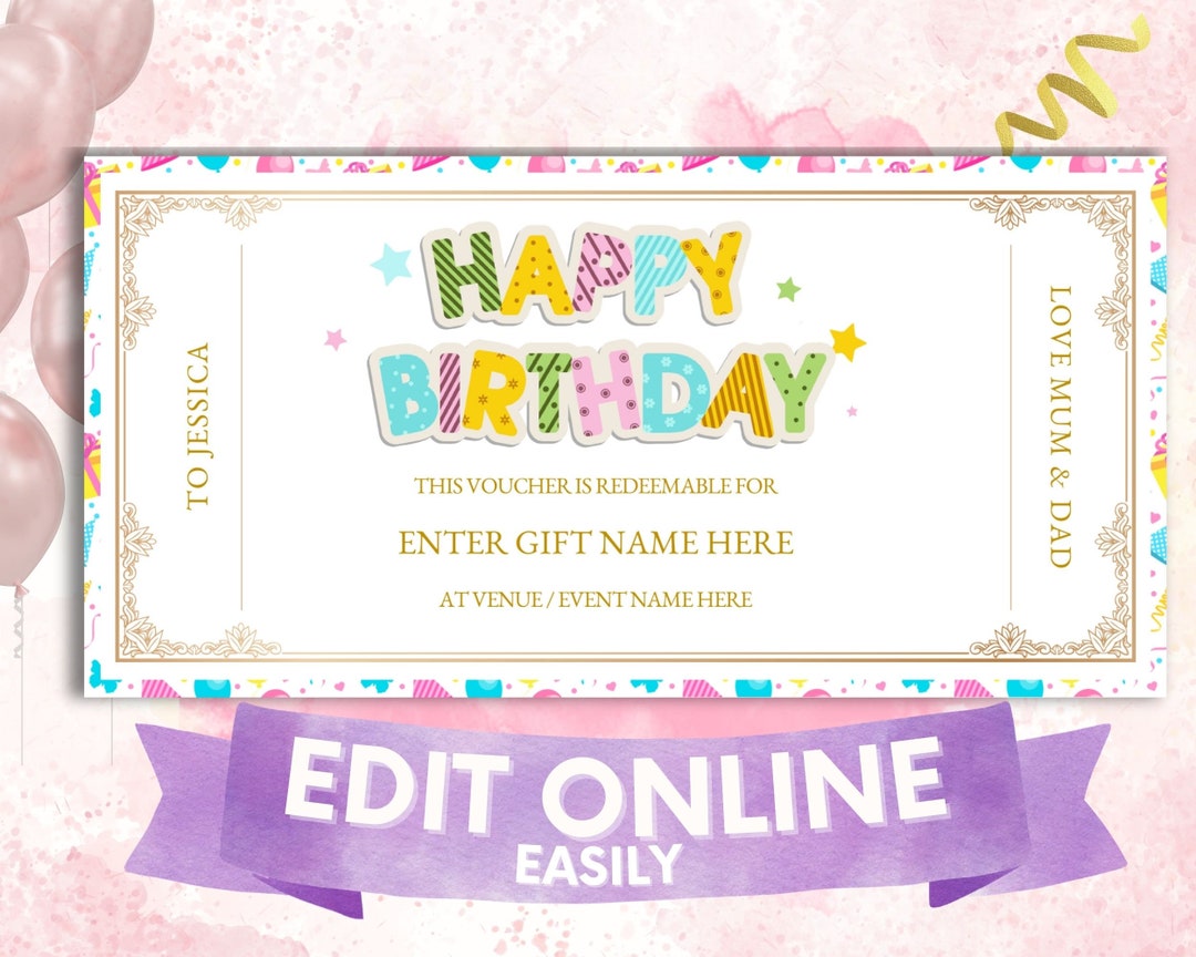 Editable Happy Birthday Gift Certificate Custom Gift Voucher Template ...