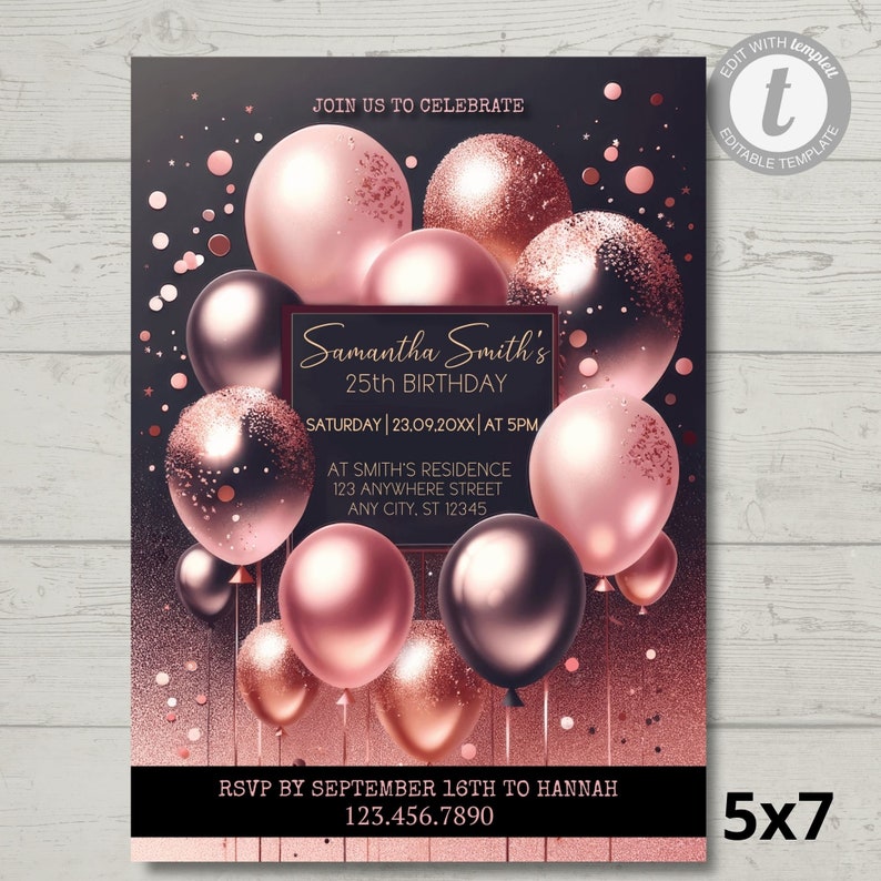 Editable Rose Gold and Black Birthday Invitation Rose Gold Balloons ...