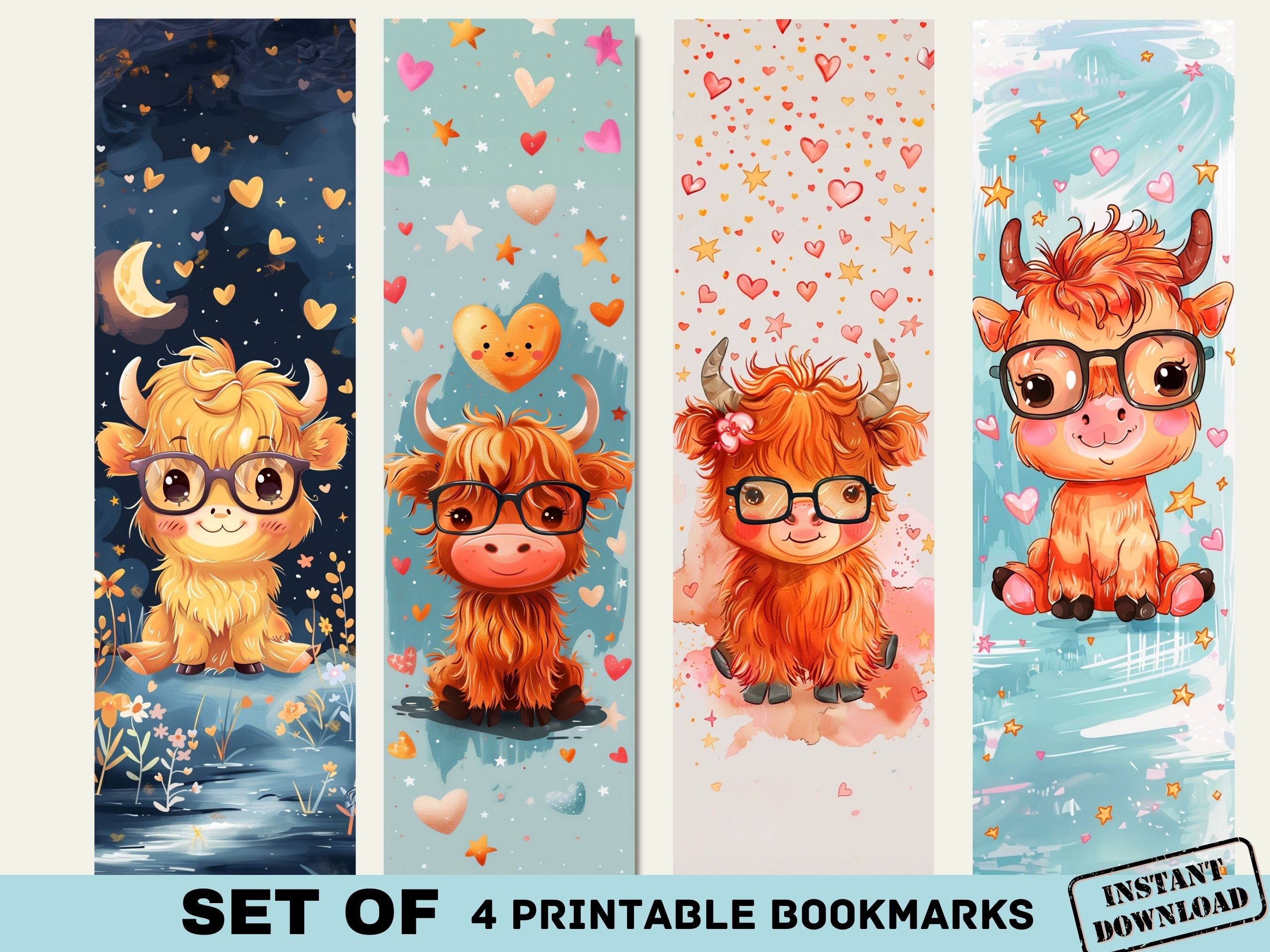 4 Cute Kawaii Highland Cow Bookmarks Digital Printable Bookmarks Set of ...