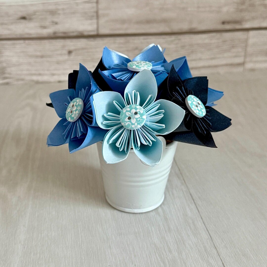 Mini Paper Flower Pot: Blue Floral Arrangement Ready to Post Gift - Etsy