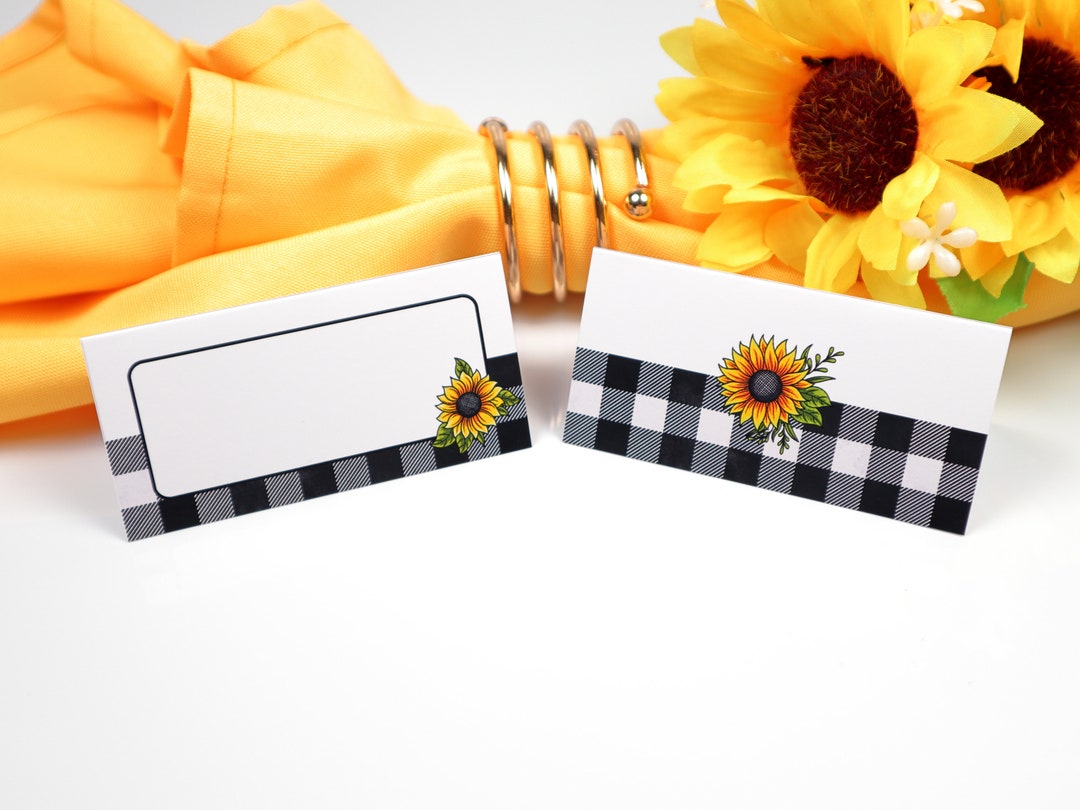 Name Place Card, Sunflower & Buffalo Plaid Table Setting, Guest Seating ...