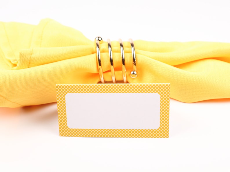 Name Place Card, Yellow & White Polka Dot Table Setting, Guest Seating ...