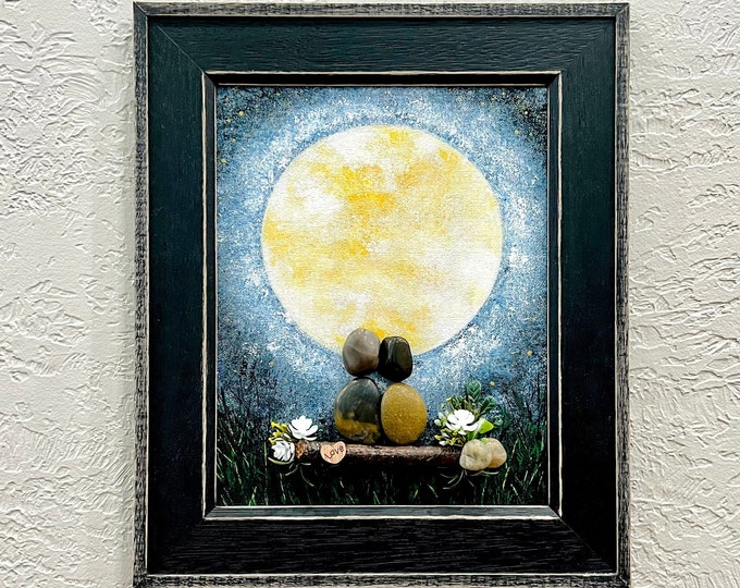 Moon Couple Rock Art W/frame, Original Acrylic Moon Painting, Whimsical ...