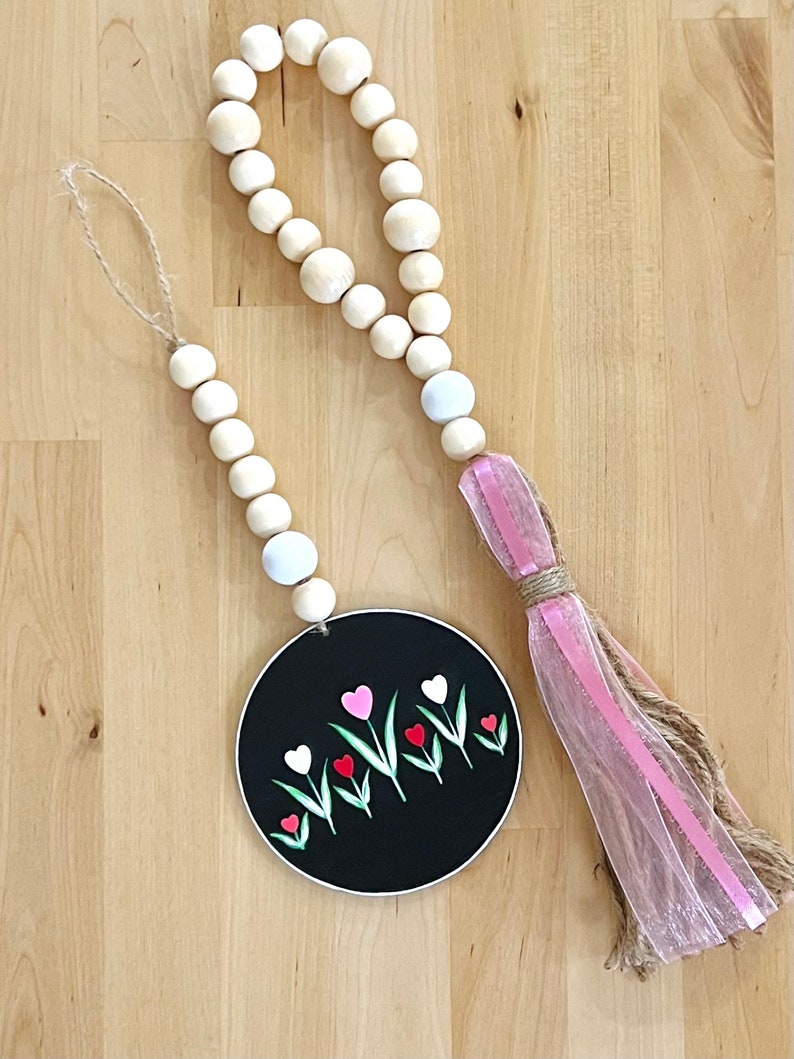 Wood Bead Decor Hanging Set, Hand Painted Wood Heart Garden Ornament ...