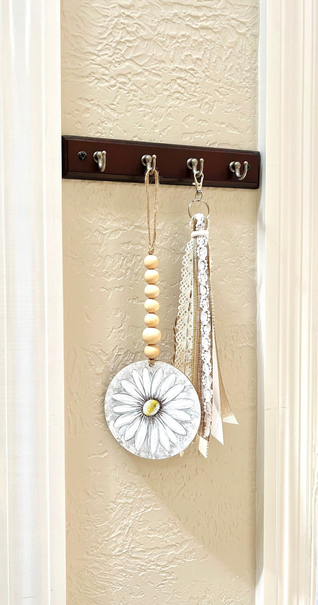 Daisy Wood Bead Hanging Decor W/ Ribbon Tassel Key Chain, Decor Set ...
