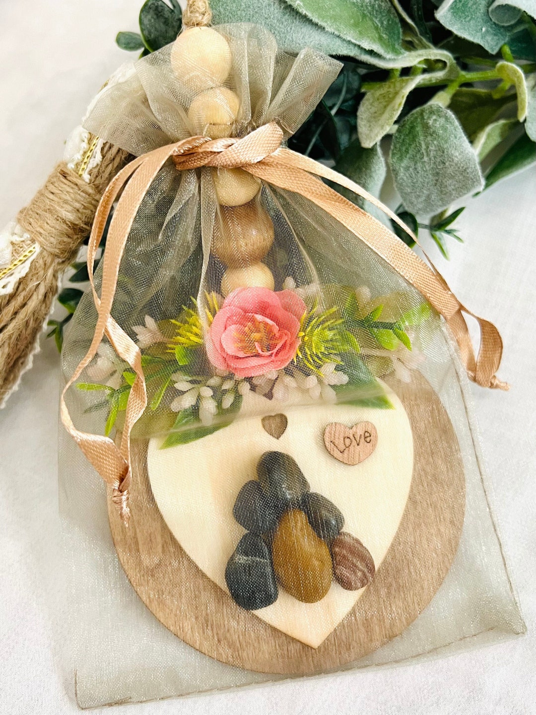 Mama Rocks, Mother and Children Rock Art Decor Ornament W/ Wood Bead ...