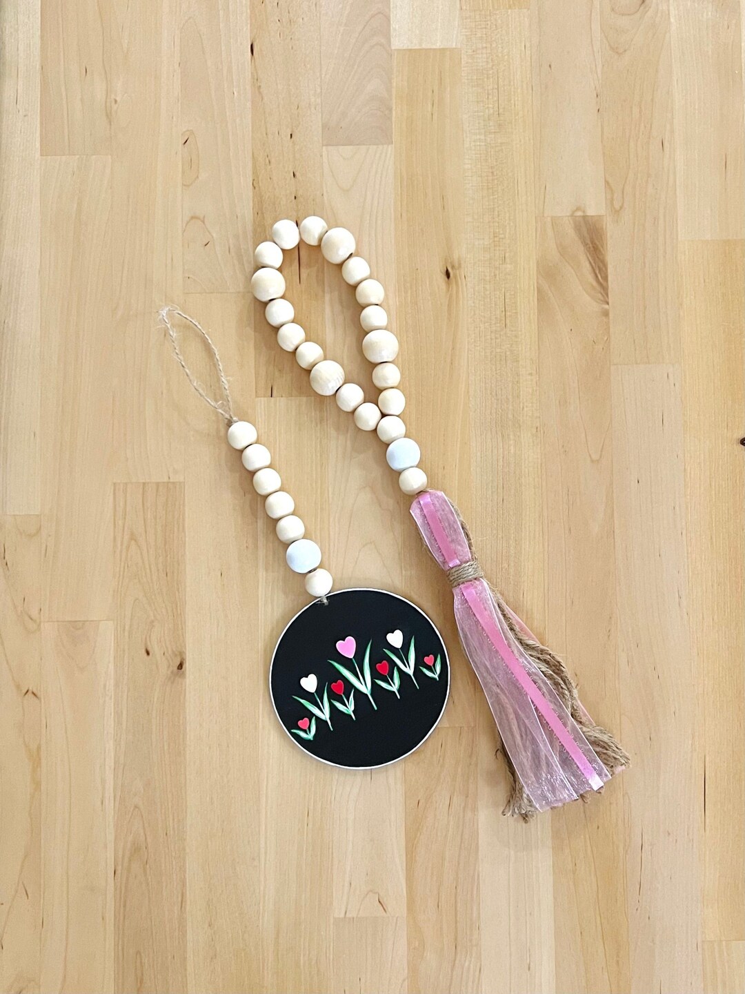 Wood Bead Decor Hanging Set, Hand Painted Wood Heart Garden Ornament ...