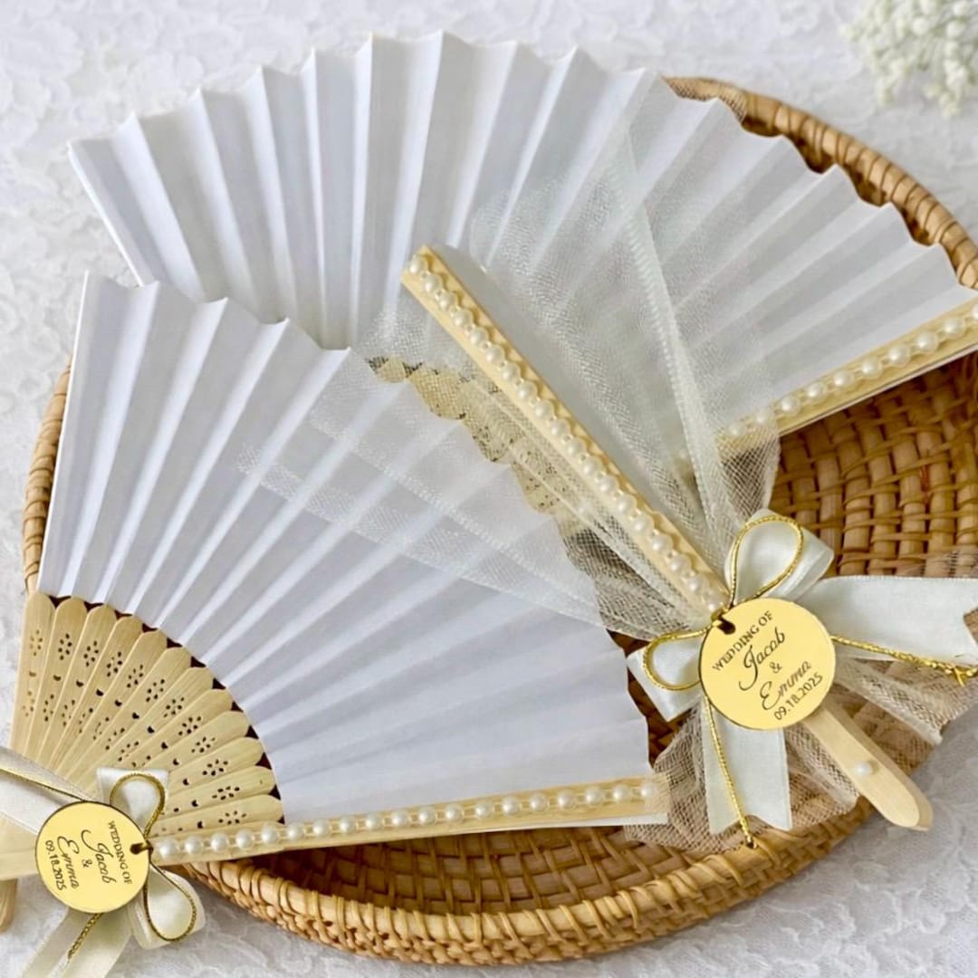 Personalized Wooden Hand Fans, Pearl Embellished Wedding Favors With ...