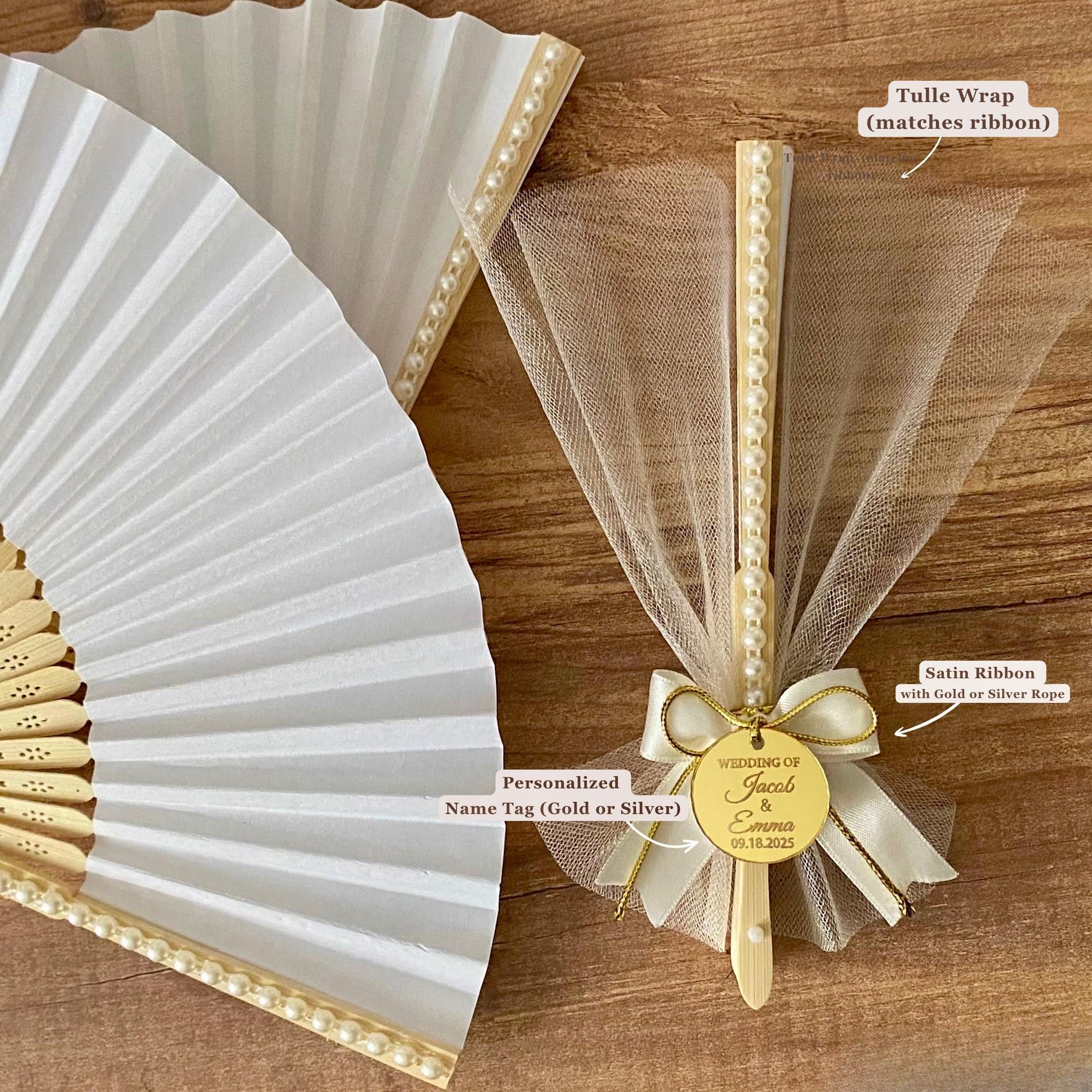 Personalized Wooden Hand Fans, Pearl Embellished Wedding Favors With ...