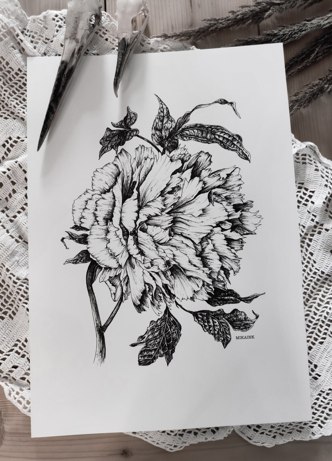 Peony Botanical Pen Ink Art Prin A3 - Etsy