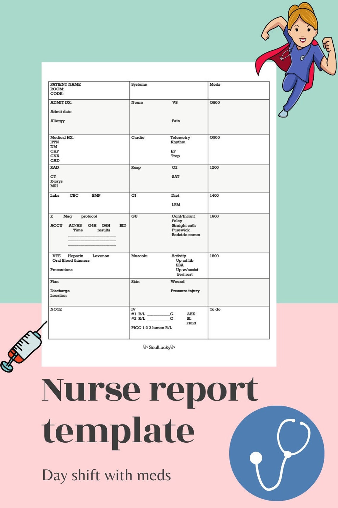 Day shift nurse report with med Day shift nurse report sheet | Etsy