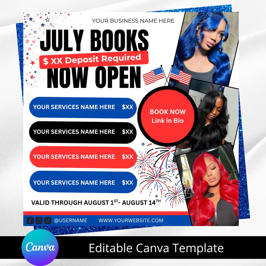 July Books Open Now Booking Flyer DIY Editable Canva Template Hair Lash ...