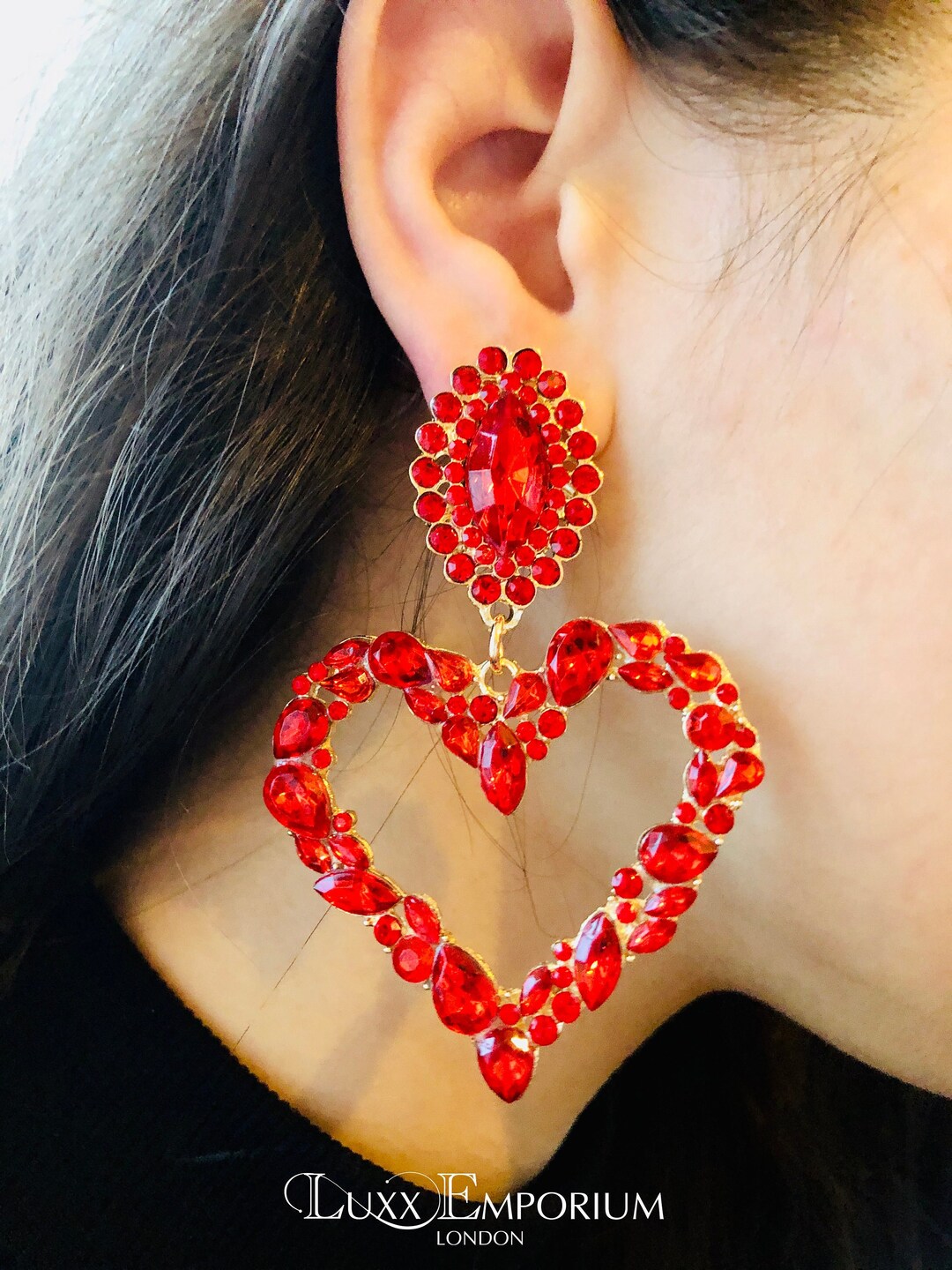 Red Crystal Heart Earrings, Trendy Love Earring, Woman Fashion Large Earrings, Heart Jewelry ...