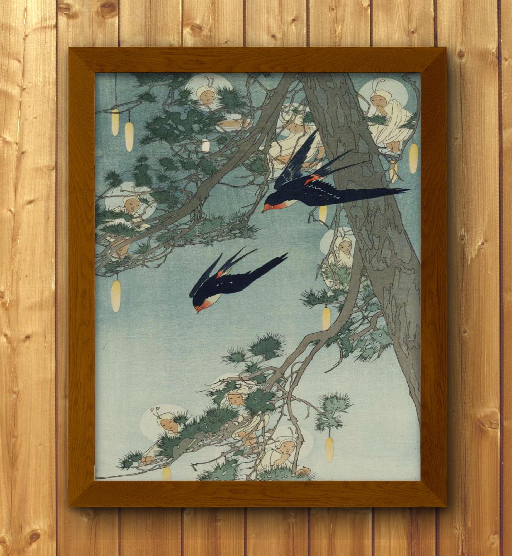 Vintage Japanese Blue Birds Print, Antique Asian Colorful Wall Art ...