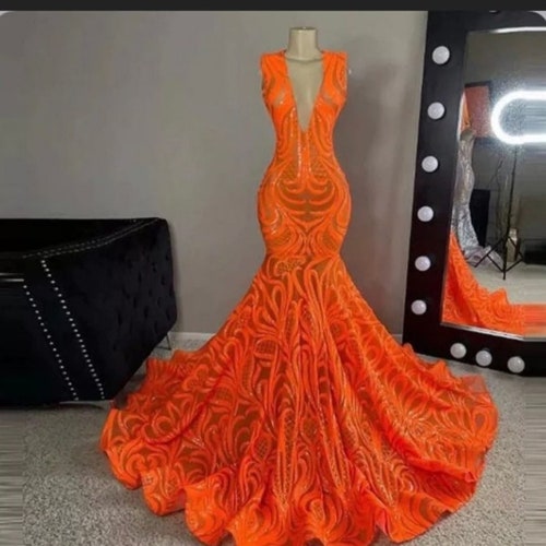 Orange Mermaid Prom Dress Shimmery Prom Party Dressevening Etsy