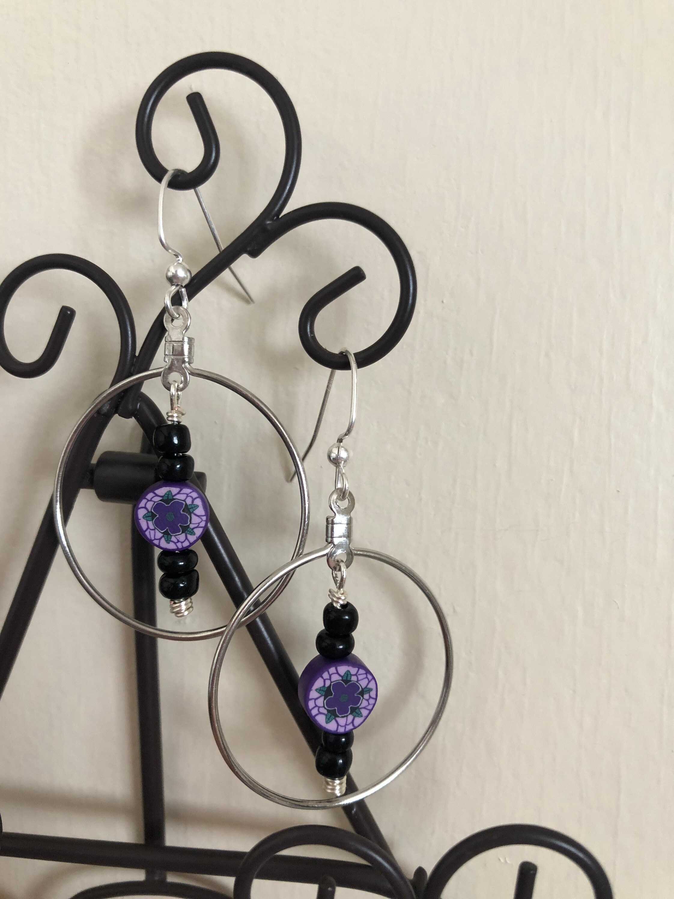 Handmade Hoop Earrings Groovy Purple Flowers With Black Etsy