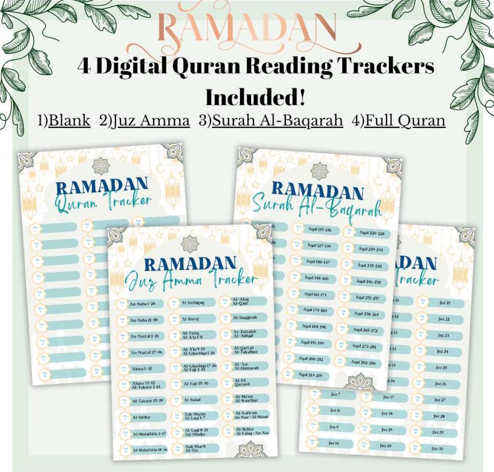 Ramadan Quran Reading Tracker for Kids and Adults. 4 Checklists/charts ...