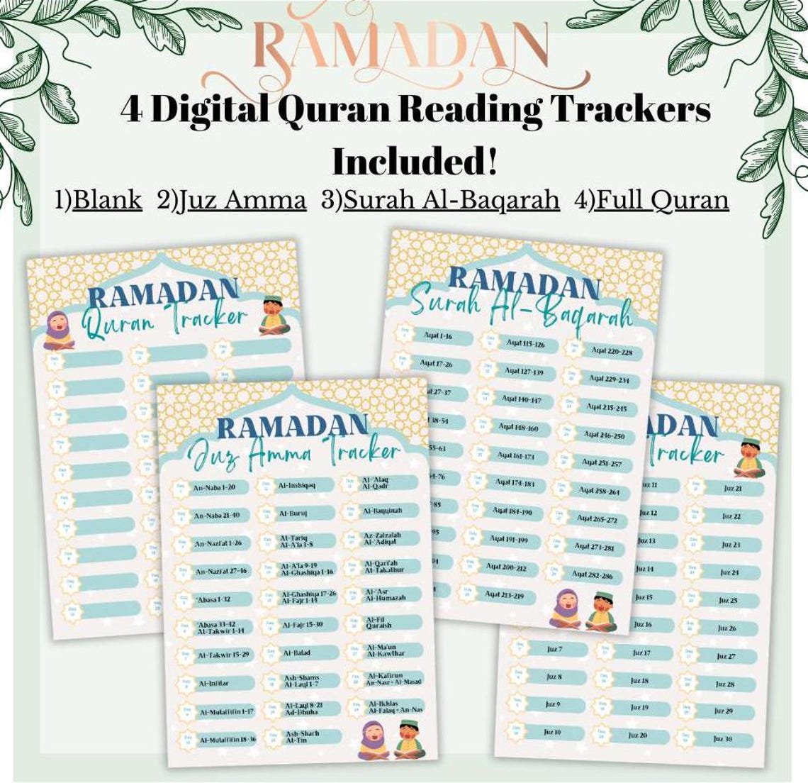 Ramadan Quran Reading Tracker for Kids and Adults. 4 Checklists/charts ...