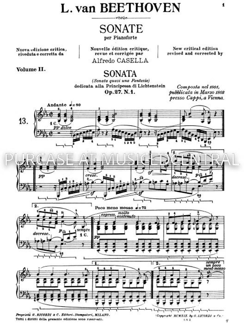Beethoven Moonlight Sonata Op. 27 No. 1 Downloadable Printable Piano ...
