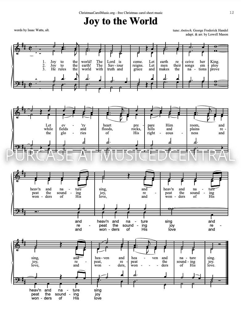 Joy to the World Christmas Carol Soprano Alto Tenor Bass Sheet Music Downloadable Printable PDF ...