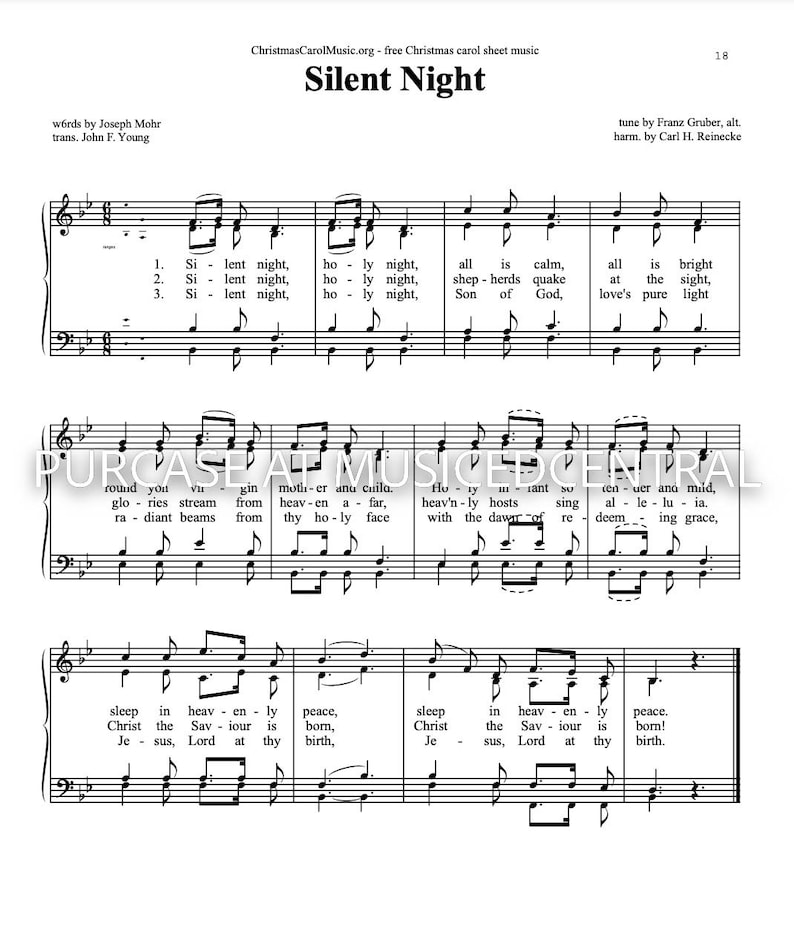 Silent Night Christmas Carol Sheet Music Soprano Alto Tenor Bass ...