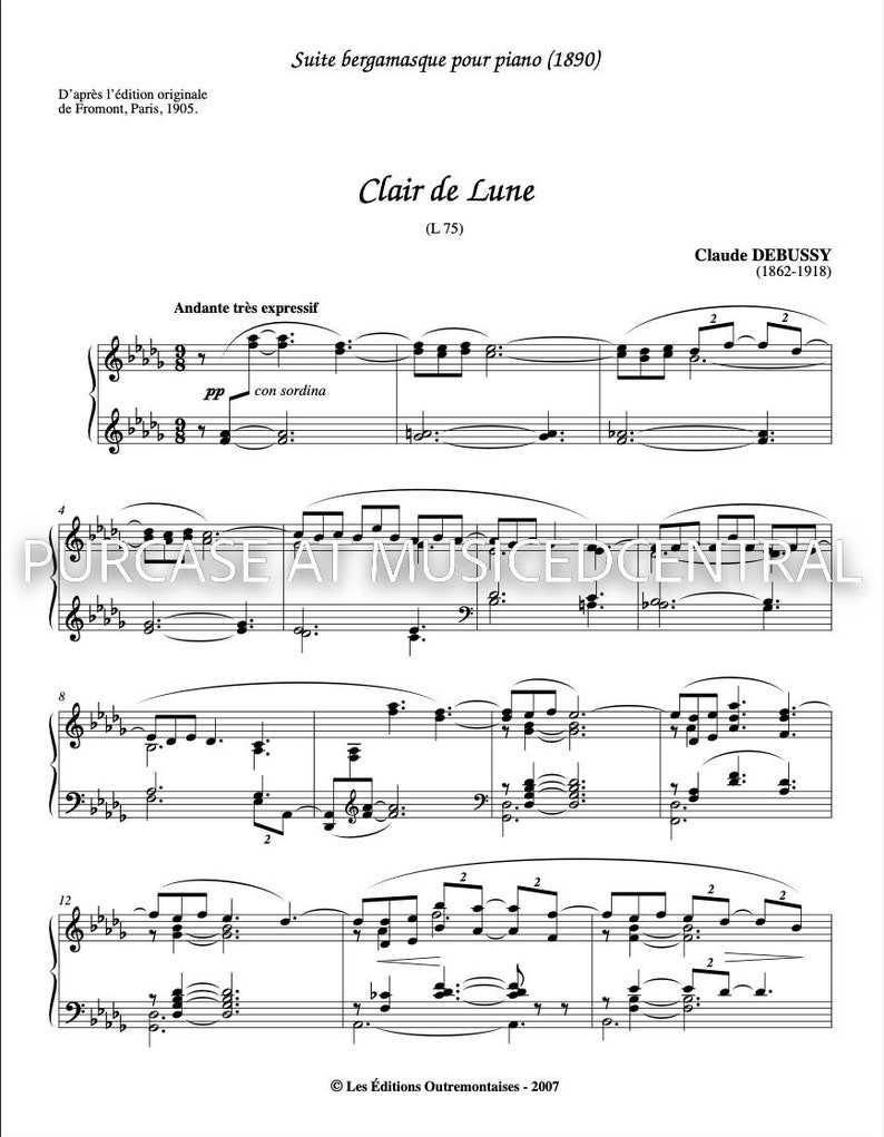 Clair De Lune Claude Debussy Piano Sheet Music - Etsy