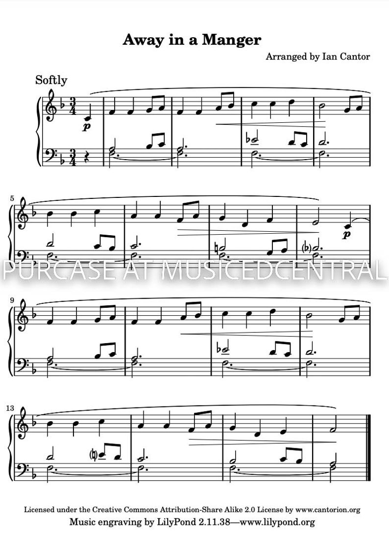 Away in a Manger Easy Piano Christmas Carol Sheet Music PDF Printable ...