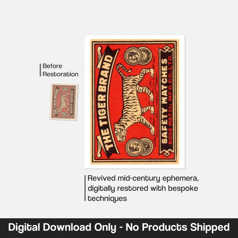 Tiger Walking Kobe Vintage Matchbox Art, Red Black White Illustration ...