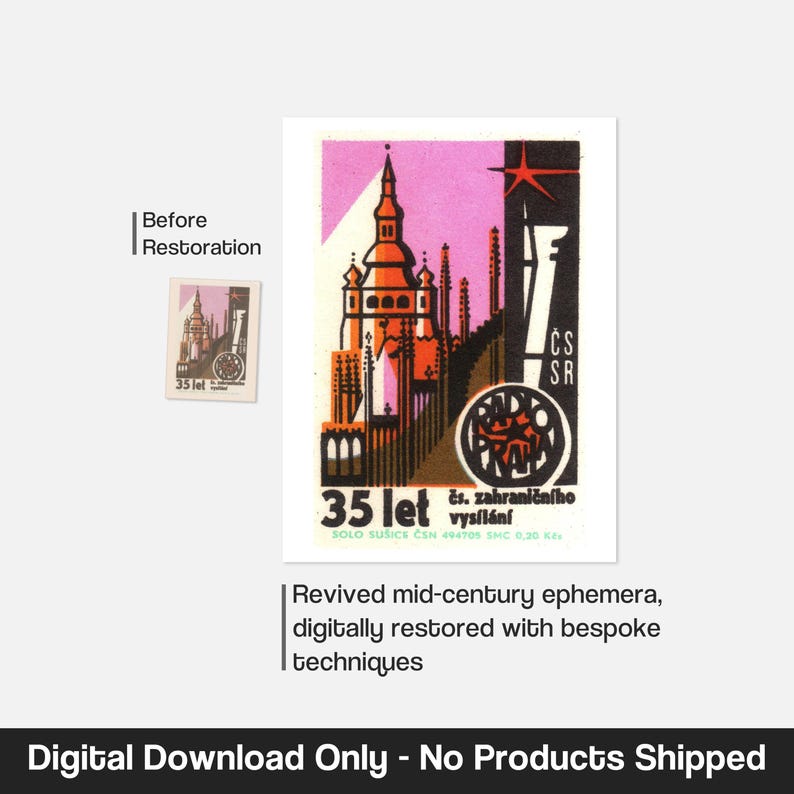 Building Tower Star Matchbox Label: Vintage Radio Praha Design, Pink ...