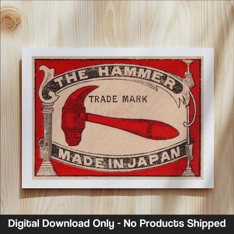 Red Hammer Japan Digital Print, Vintage Matchbox Label, Bold Black Text ...