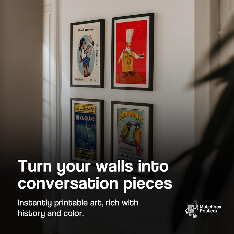 Vintage Matchbox Label Girl Blue Object, Red Zigzag Motif (11x14 ...