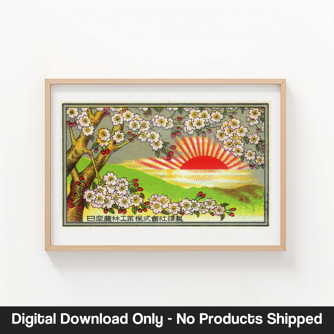 Cherry Blossoms Tree Rising Sun Digital Print, Vintage Japanese Label ...