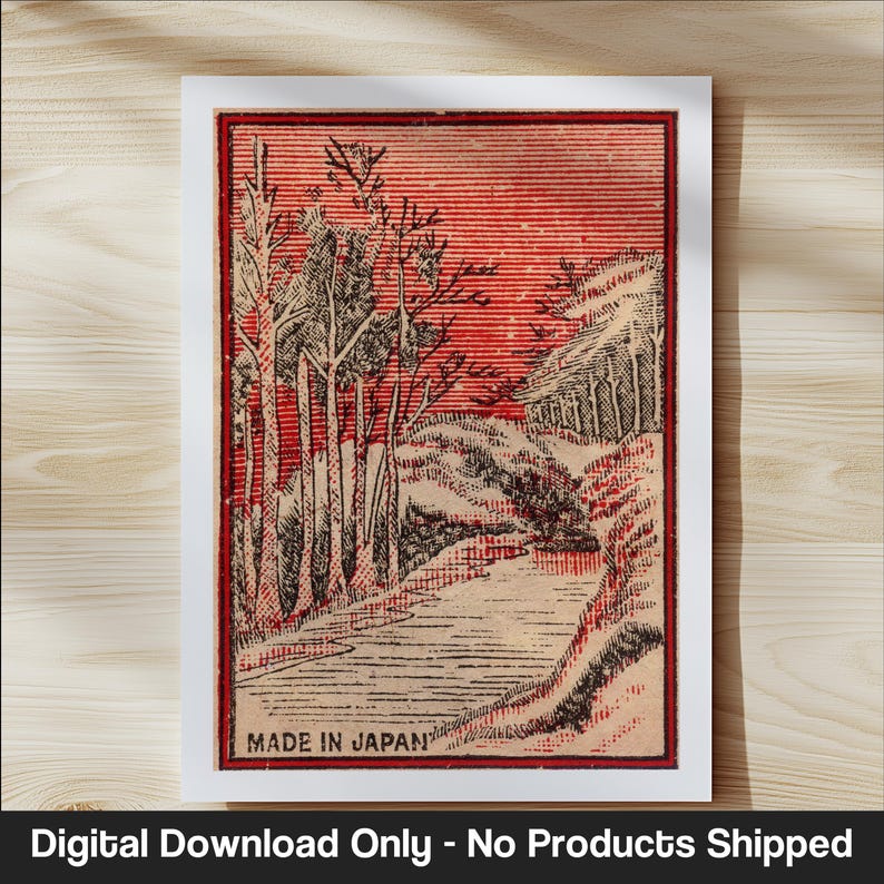 Landscape With Trees Japan Label - Vintage Matchbox Artwork - Red Black ...