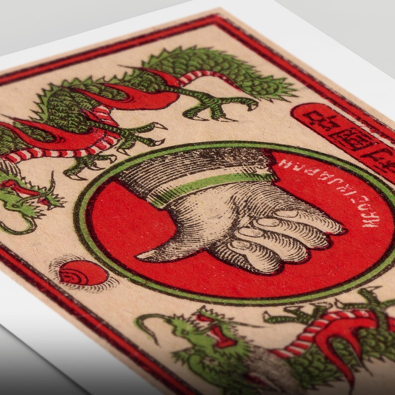 Thumbs up Green Dragons Matchbox Label - Vintage Japanese Art Print ...