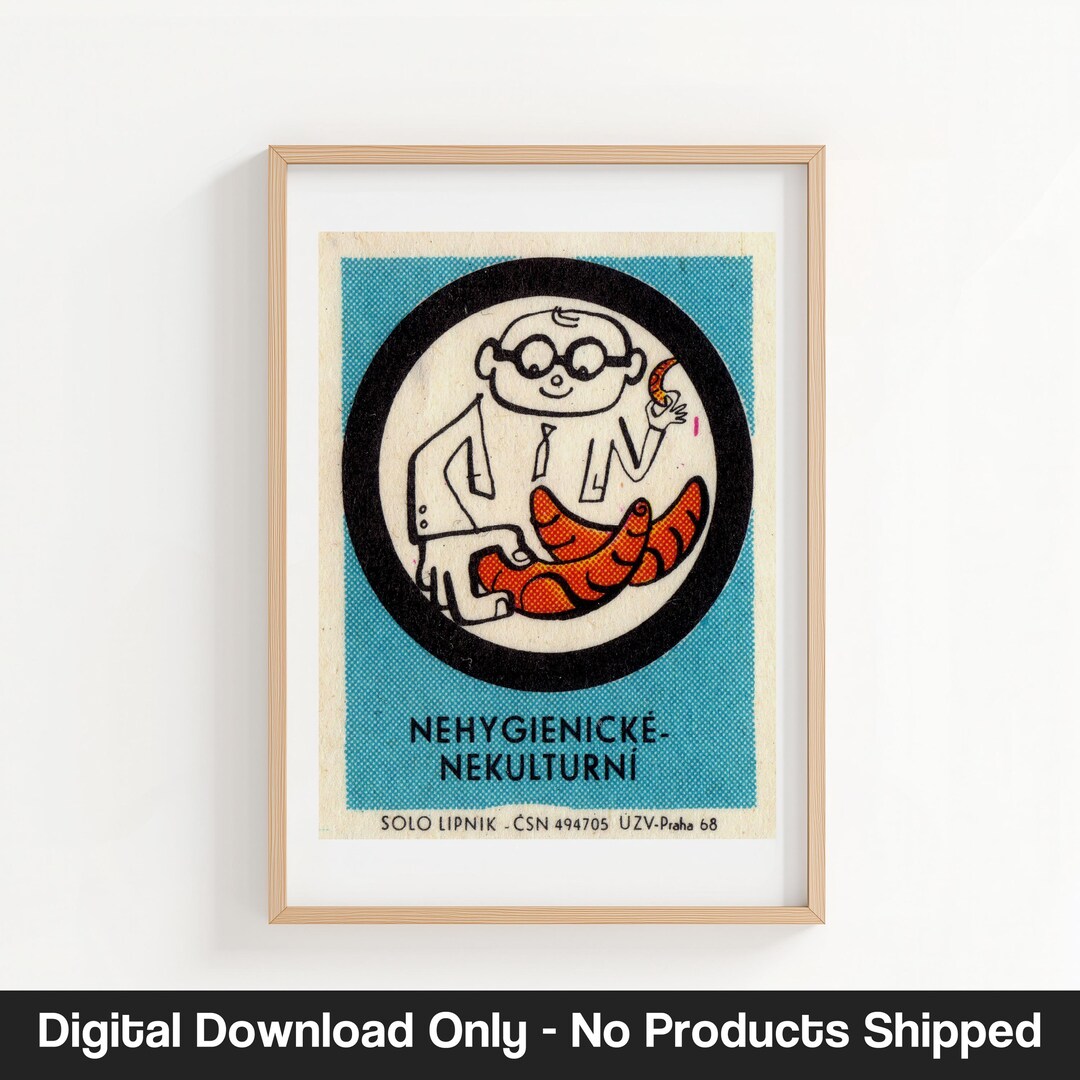 Vintage Matchbox Label Cartoon Character, Glasses Holding Sausage ...