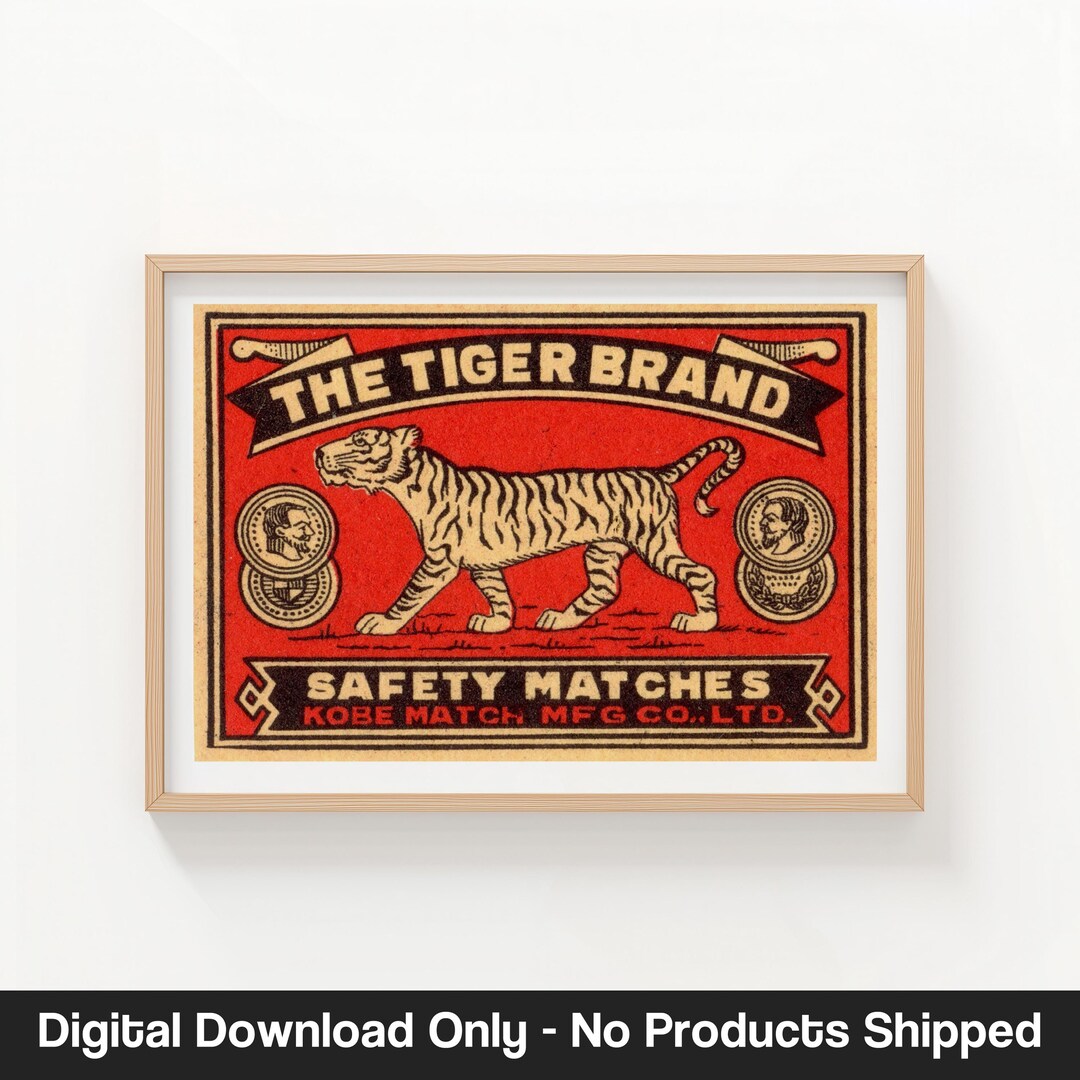 Tiger Walking Kobe Vintage Matchbox Art, Red Black White Illustration ...