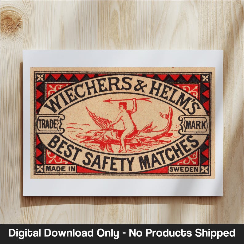 Person Riding Fish Creature Label: Vintage Matchbox Art, Red Black ...