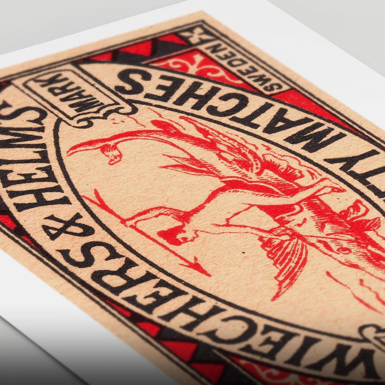 Person Riding Fish Creature Label: Vintage Matchbox Art, Red Black ...