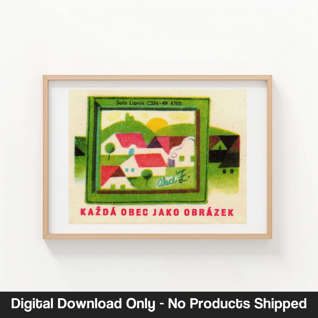 Matchbox Label Vintage Print: Landscape With Houses and Sun, Green ...