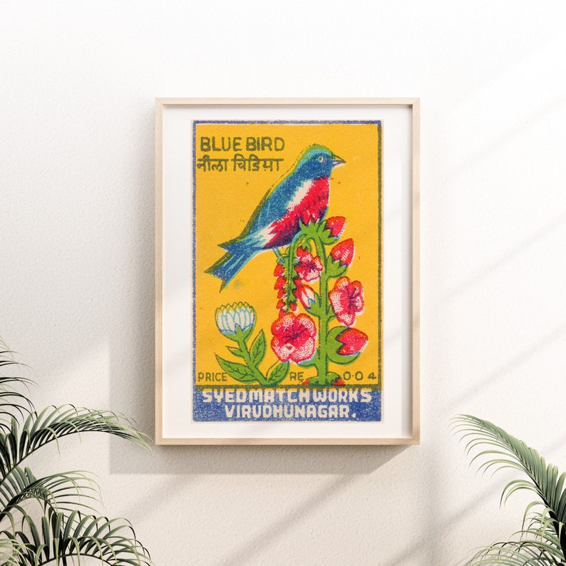 Blue Bird Matchbox Print A4 Size India Wall Art Vintage - Etsy