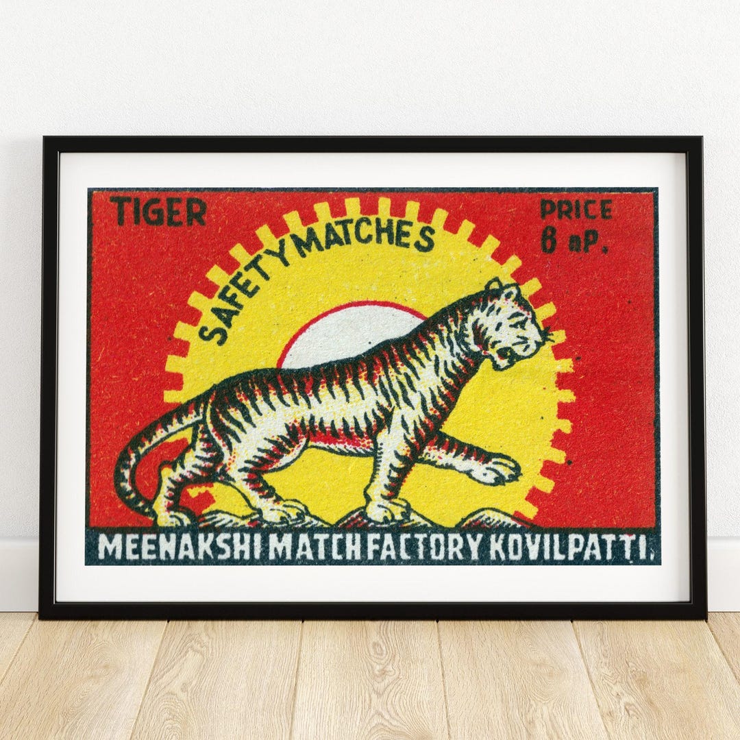 Marching Tiger - Matchbox Print - India Wall Art - Vintage India Art ...