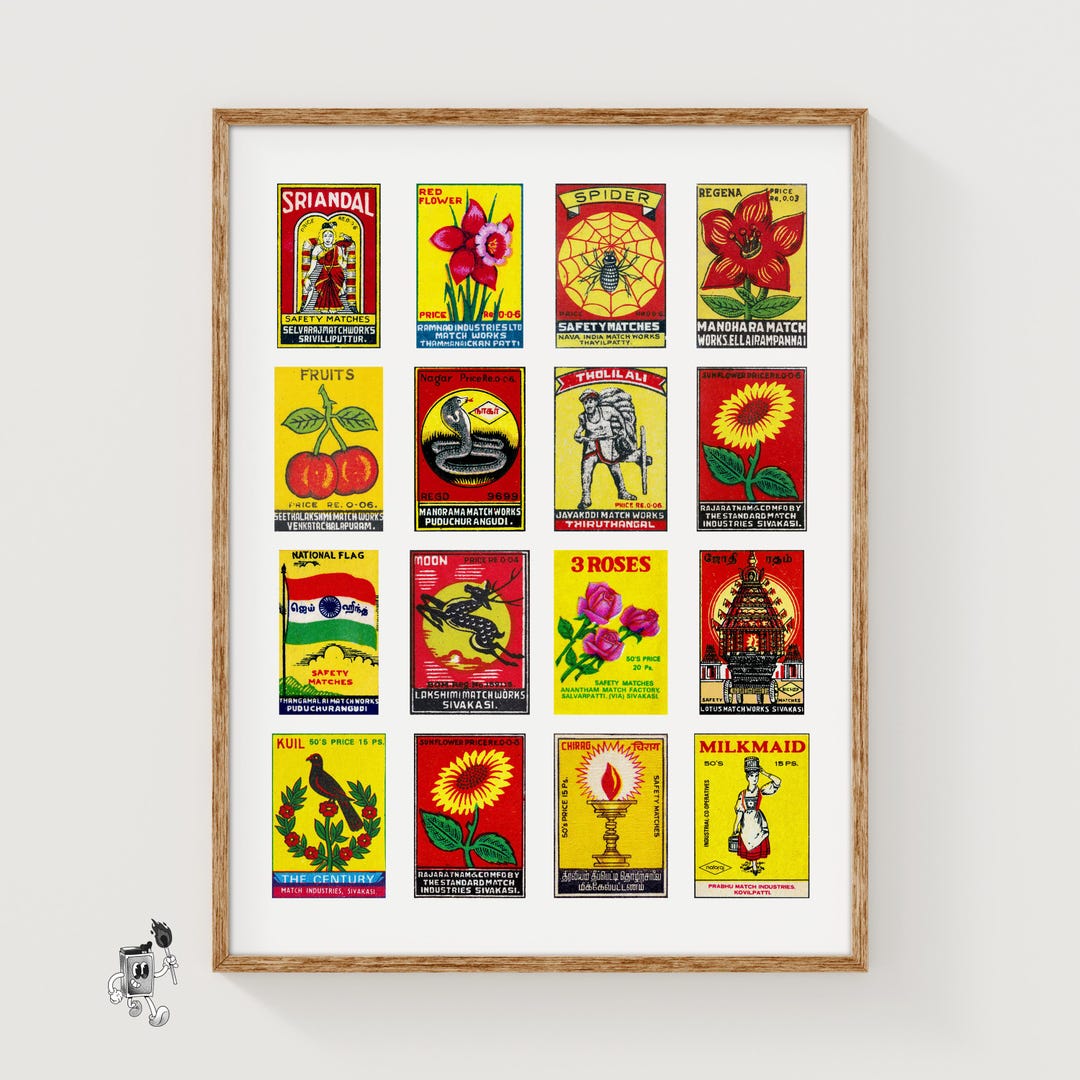 Tamil Matchbox Labels Collage, Vintage Ephemera Poster, South India ...