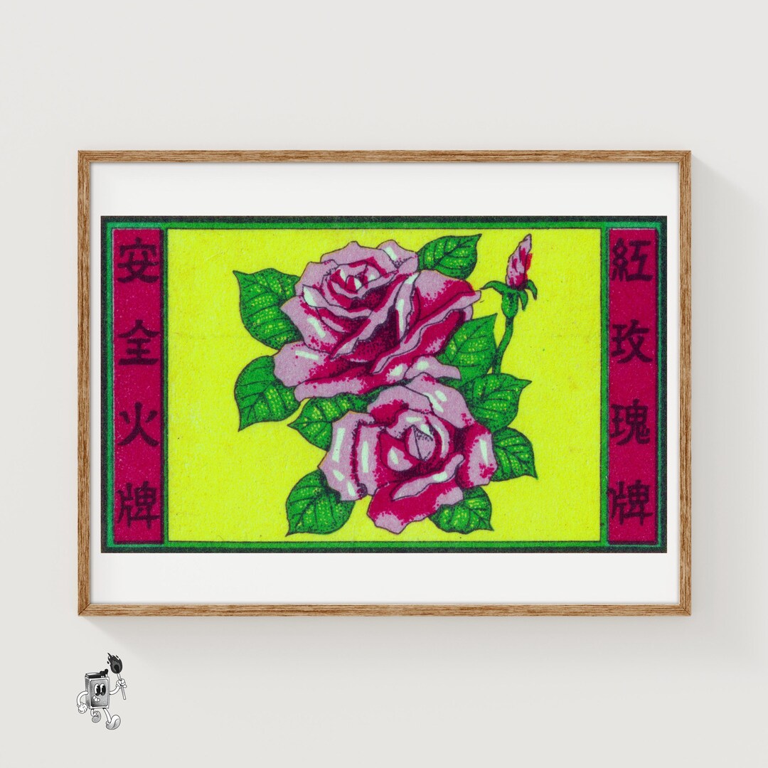 Pink Roses - Matchbox Print - Czech Wall Art - Vintage Czech Art ...