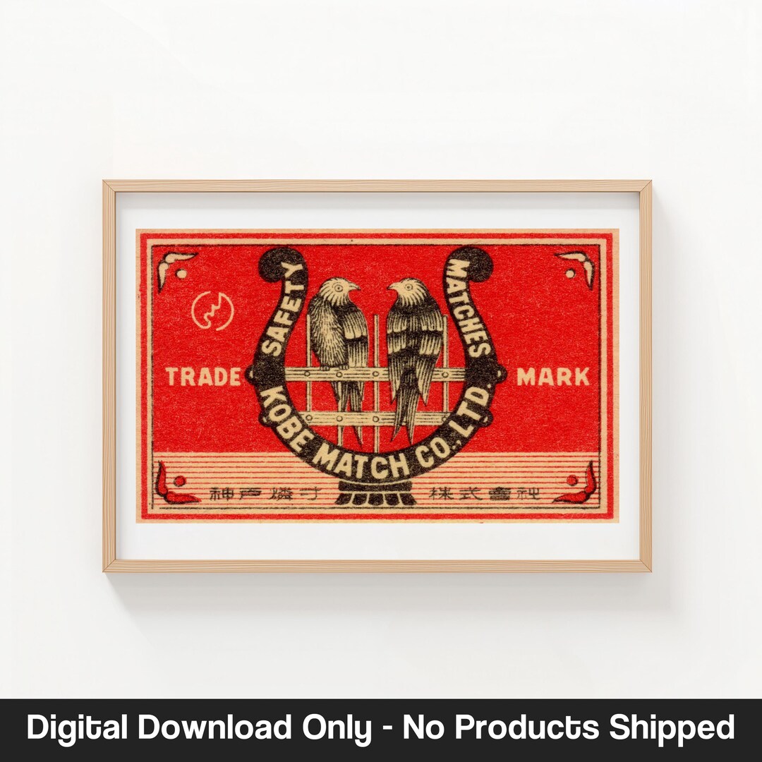 Kobe Birds Perch Vintage Matchbox Label: Red Background Art, Hand Color ...