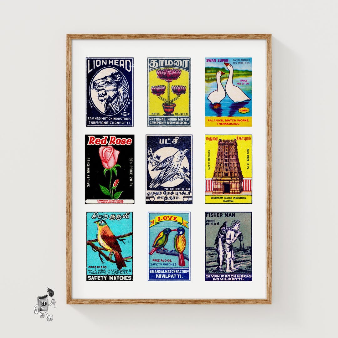 Tamil Matchbox Label Print: Vintage Grid Design - Retro Wall Art - Etsy