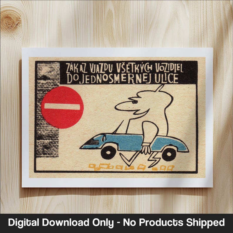 Car No Entry Sign Vintage Matchbox Label: Blue Cartoon Car, Red ...